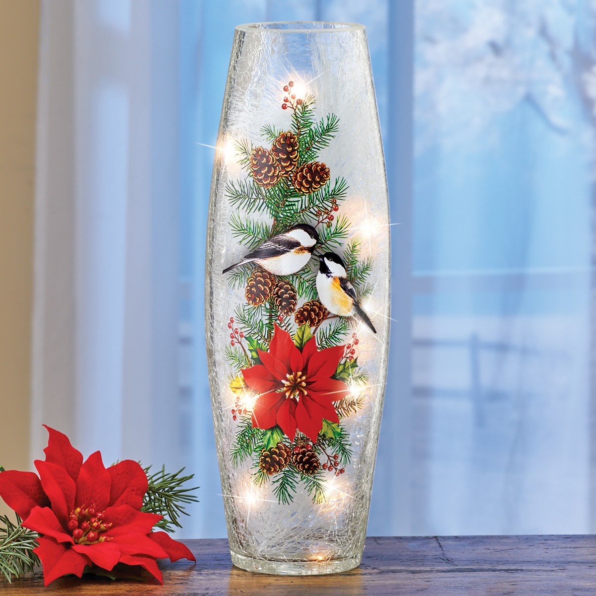 Chickadee Poinsettia Crackled Glass Tabletop Hurricane Lamp