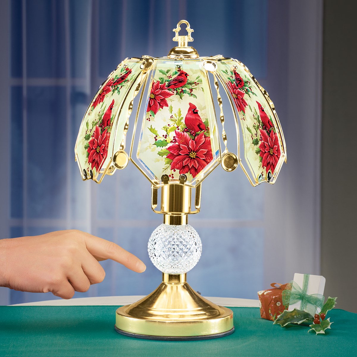 Holiday Poinsettia & Cardinals Glass Touch Table Lamp | Collections Etc.