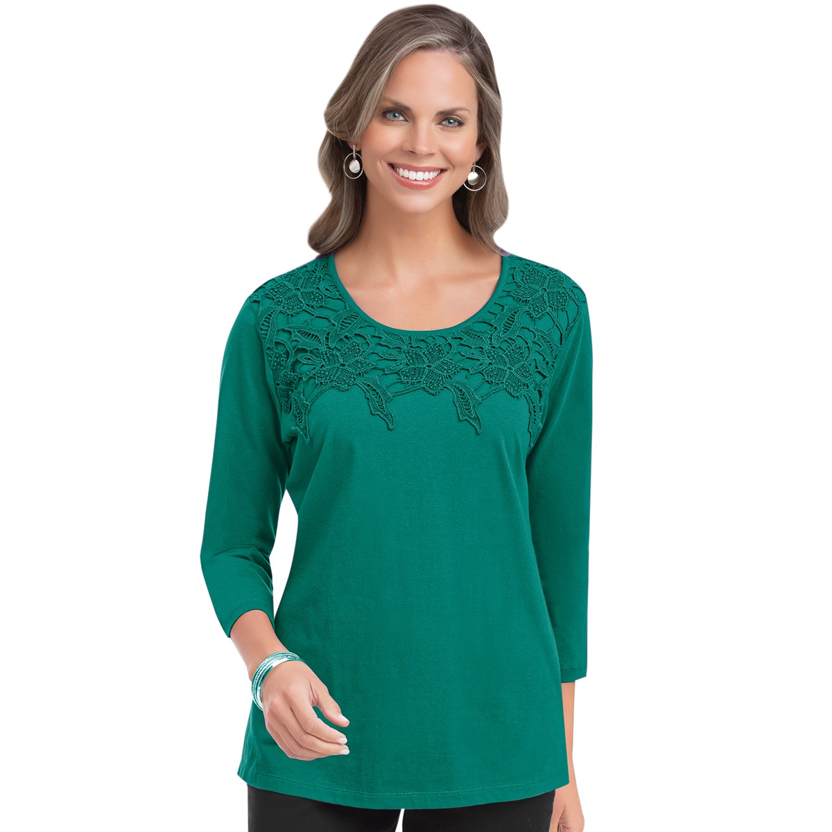 Lovely Lace Trimmed 3/4-Sleeve Cotton Knit Top | Collections Etc.