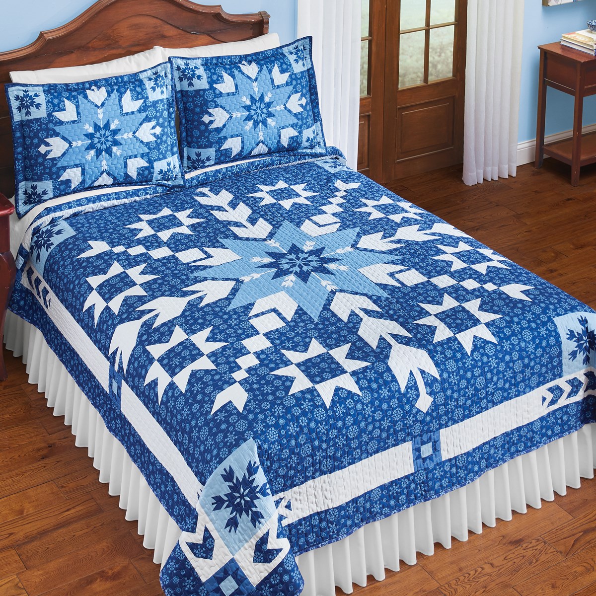 White & Blue Patchwork Snowflake Printed Quilt | Collections Etc.