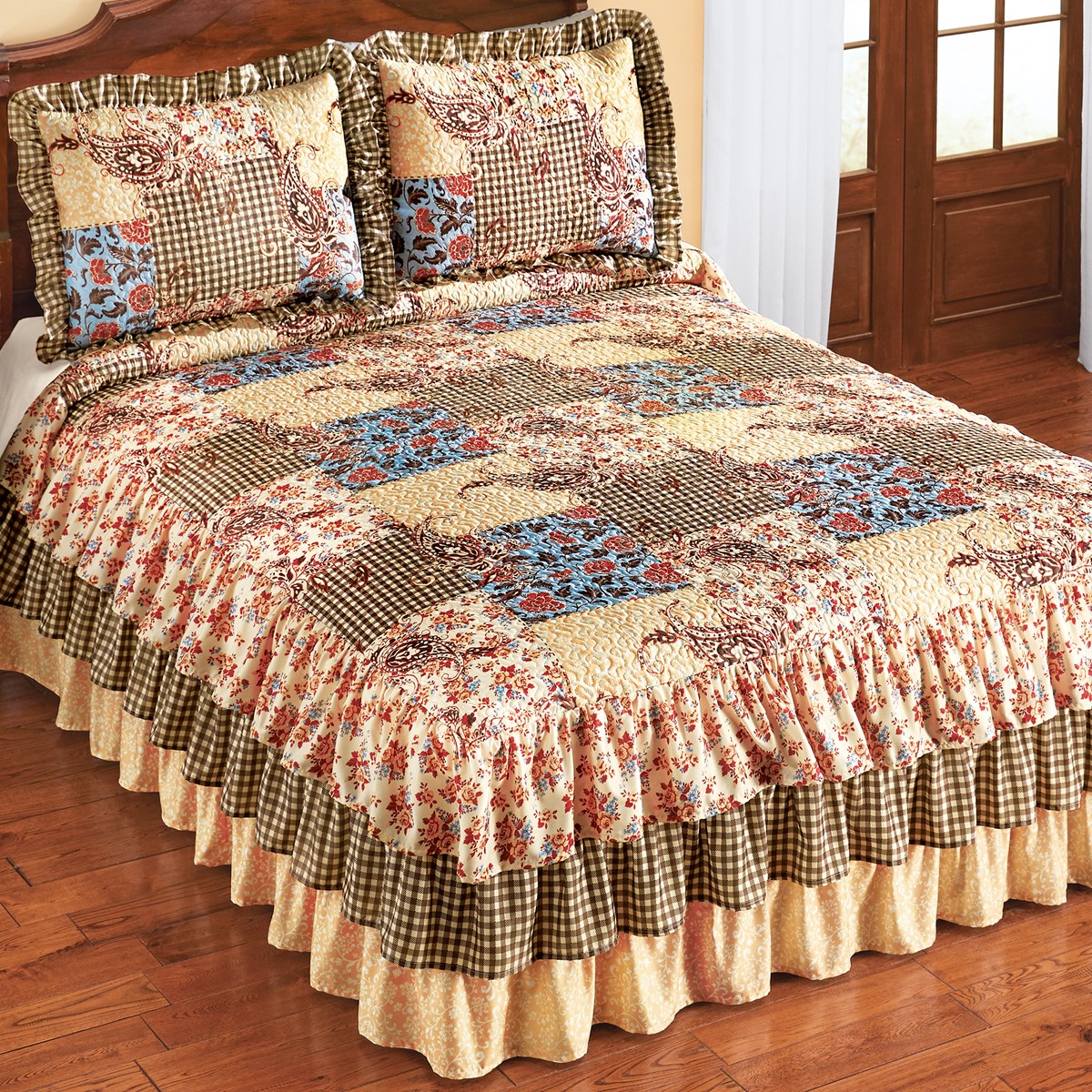 Grace Triple Ruffle Patchwork Quilted Bedspread | Collections Etc.
