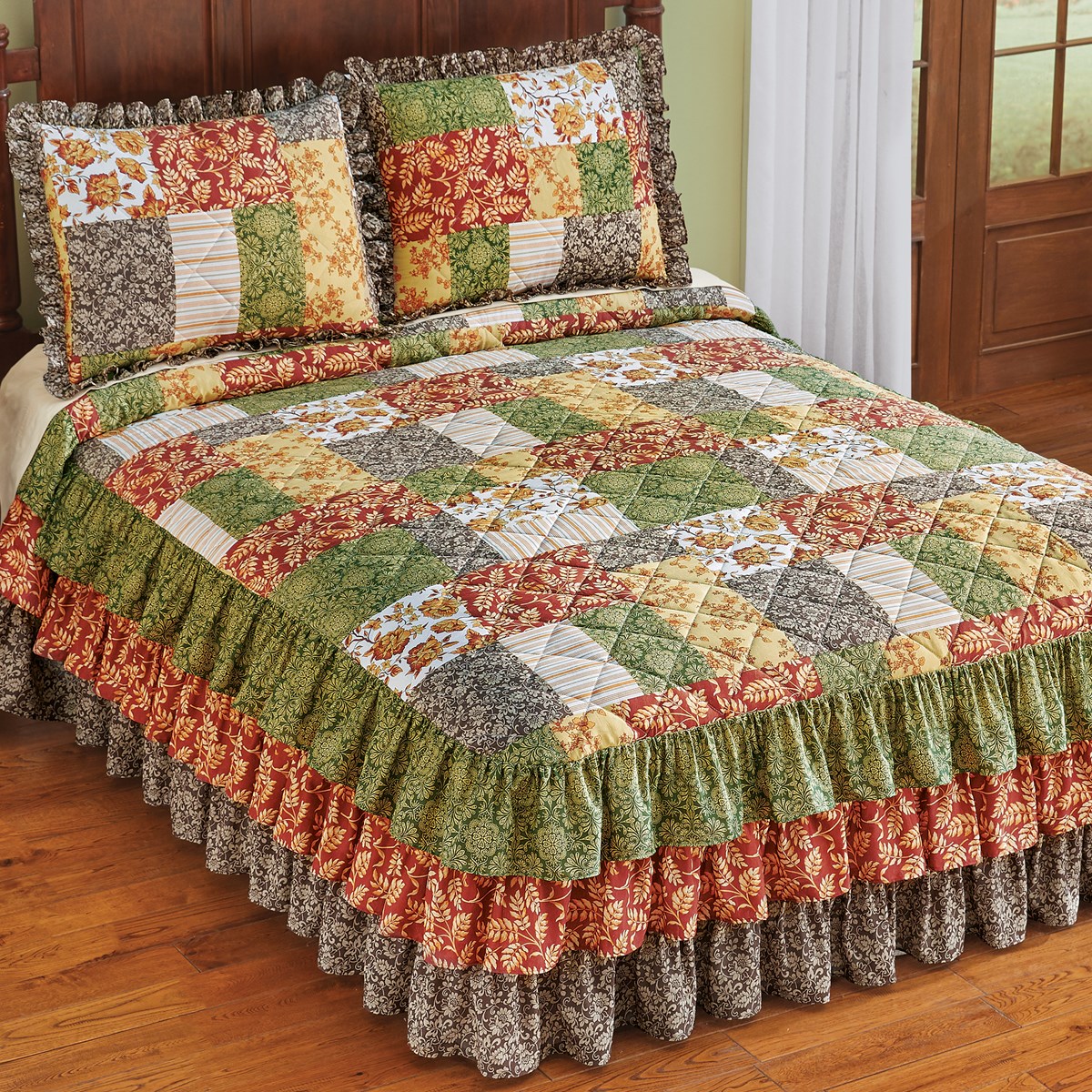 Siena Triple Ruffle Floral & Striped Patchwork Bedspread | Collections Etc.