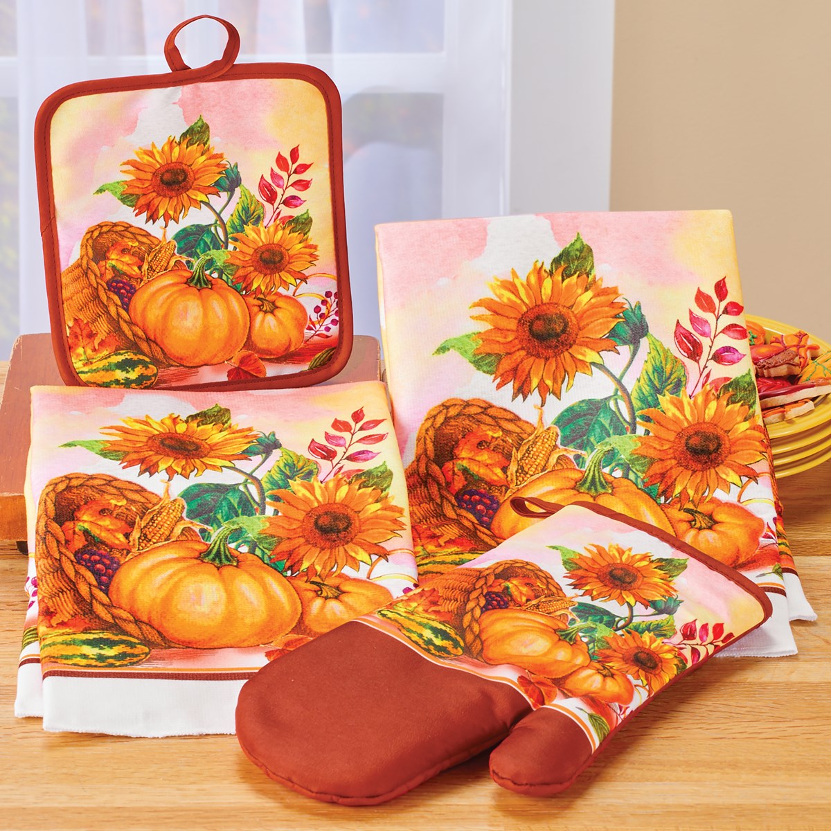 4-Piece Oven Mitt, Pot Holder & Dish Towel Harvest Kitchen Set ...