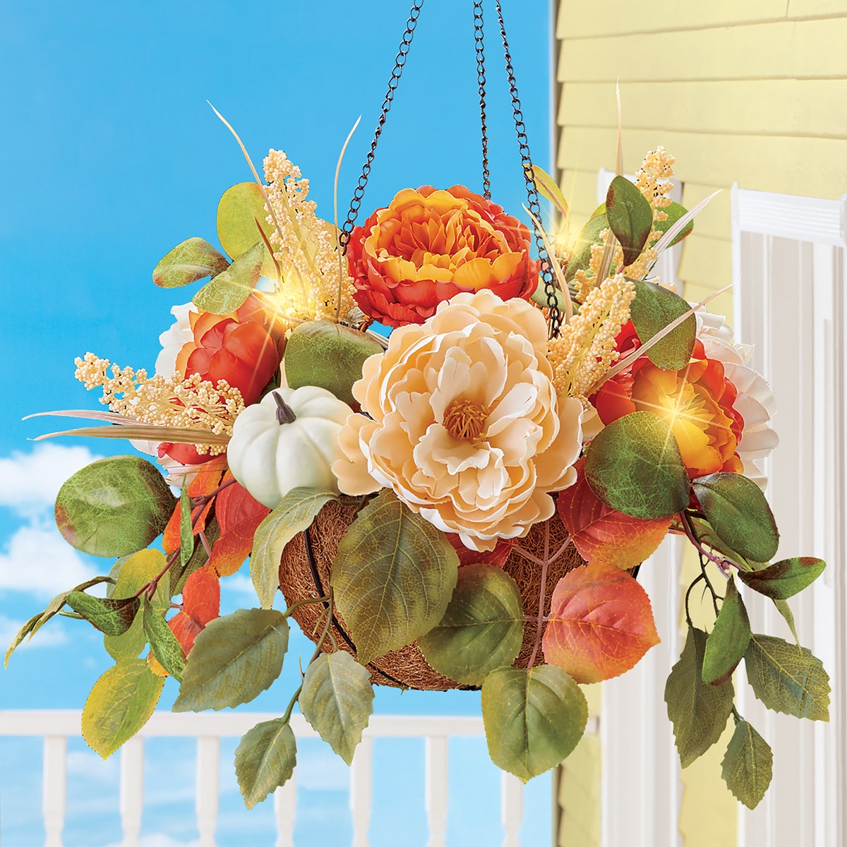 LED Lighted Artificial Fall Colored Mums Hanging Basket | Collections Etc.