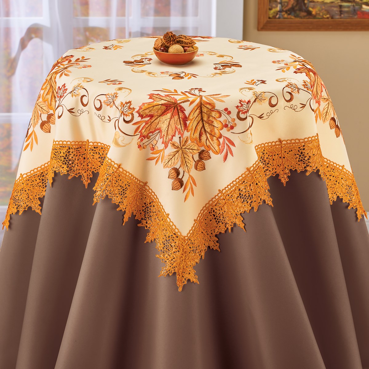 Embroidered Autumn Leaves & Acorns Border Lace Table Linens ...