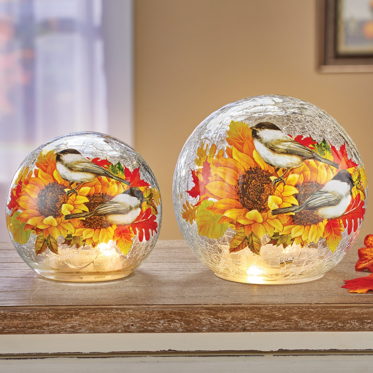 Decorative Fall Chickadee Lighted Crackled Glass Ball Collections Etc