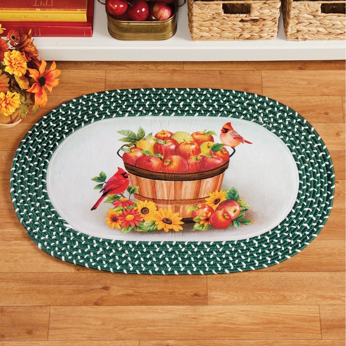 Basket of Red Apples & Cardinal Green Braided Rug | Collections Etc.