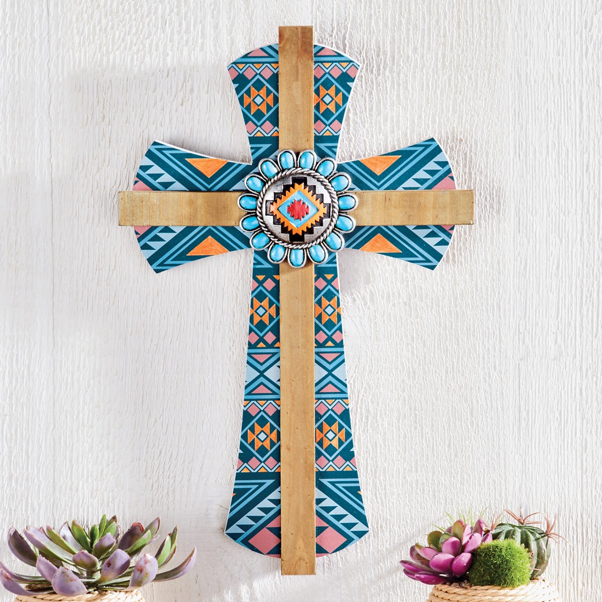 Hand-Painted Southwest Inspired Aztec Wall Cross Art | Collections Etc.