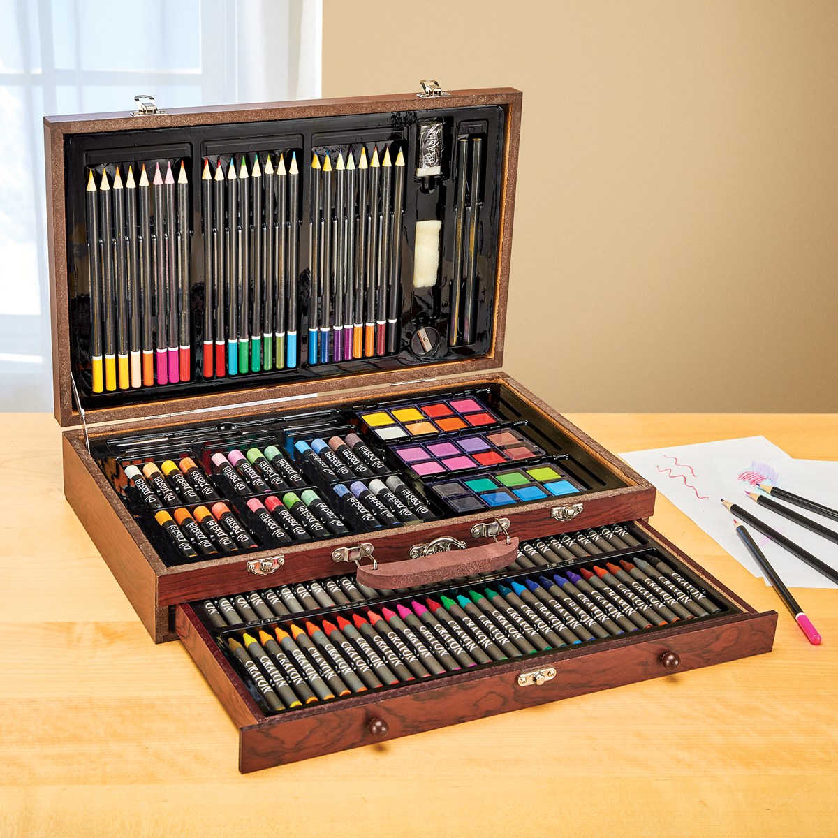140 Piece Art Set with Wooden Carrying Case | Collections Etc.