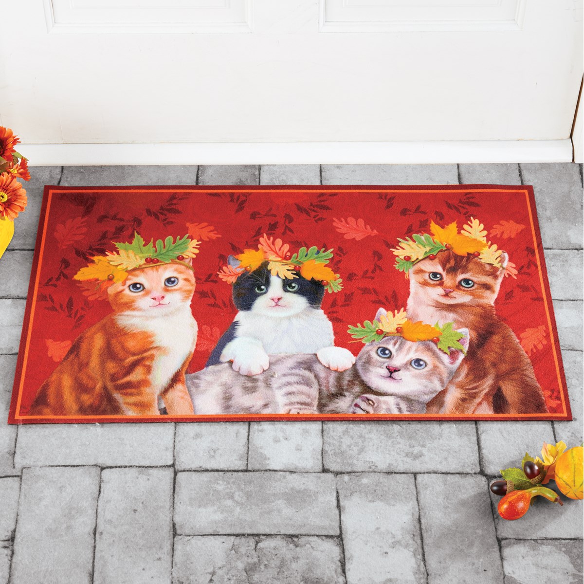 Cats in Floral Fall Wreaths Welcome Door Mat | Collections Etc.