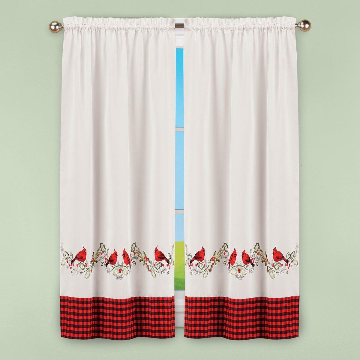 Plaid and Cardinal Embroidered Polyester Window Curtains | Collections Etc.