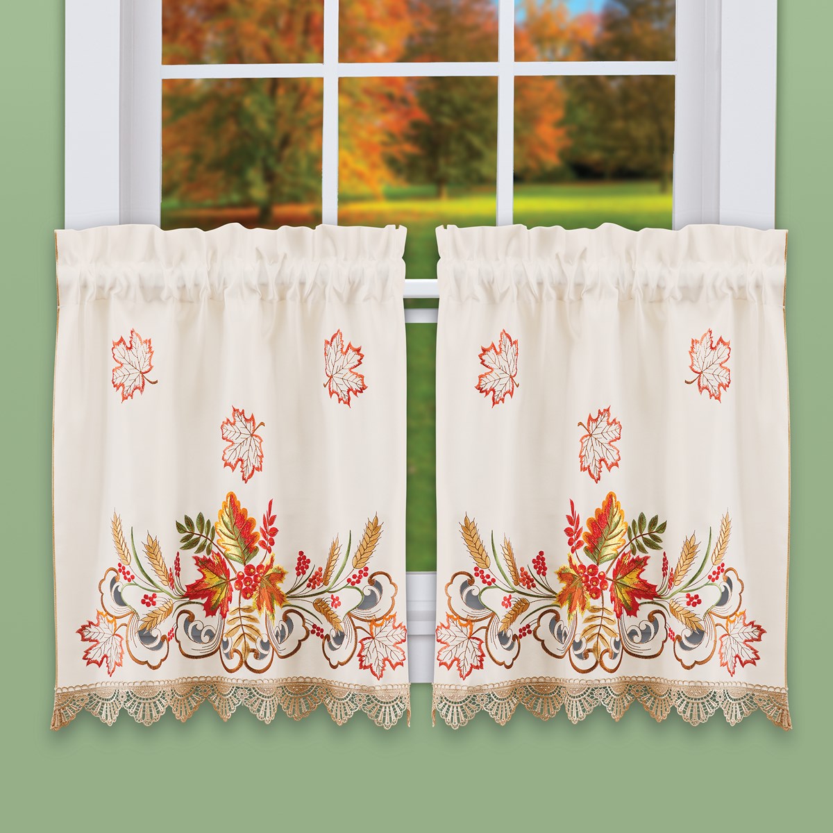 Embroidered Charming Harvest Beige Lace Trim Window Curtains ...