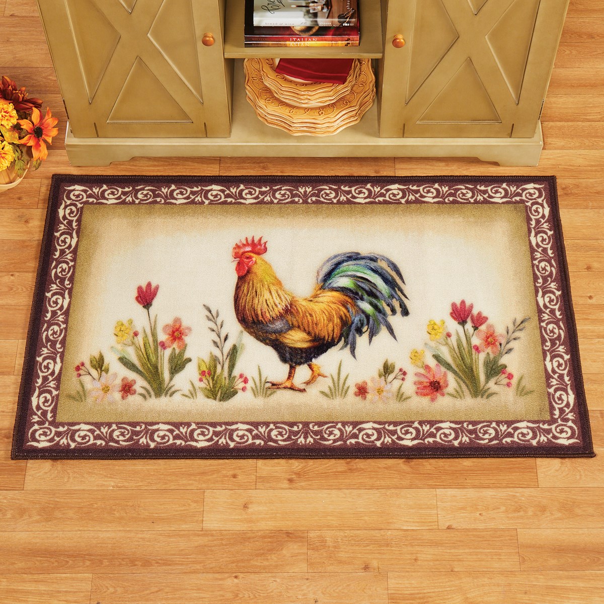 Skid-Resistant French Country Style Rooster Garden Rug | Collections Etc.
