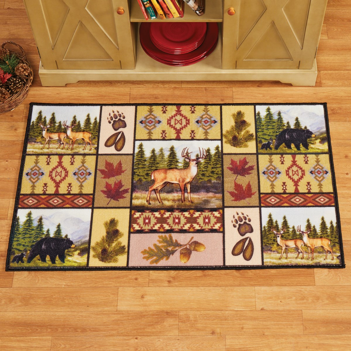 Colorful Woodland Lodge Scene Patchwork Style Rug | Collections Etc.