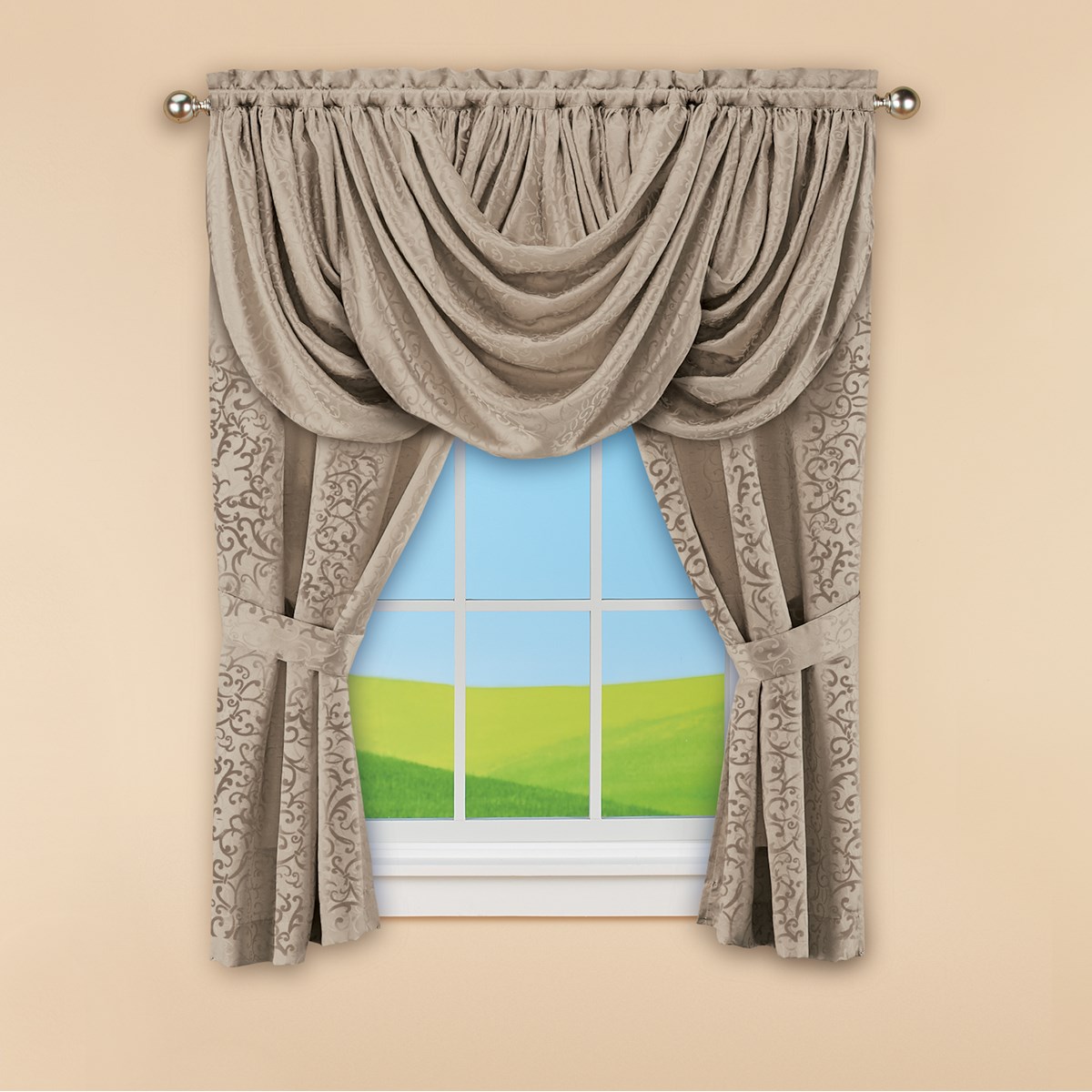 Draped Elegant Scrolling Fabric Window Curtain Set | Collections Etc.