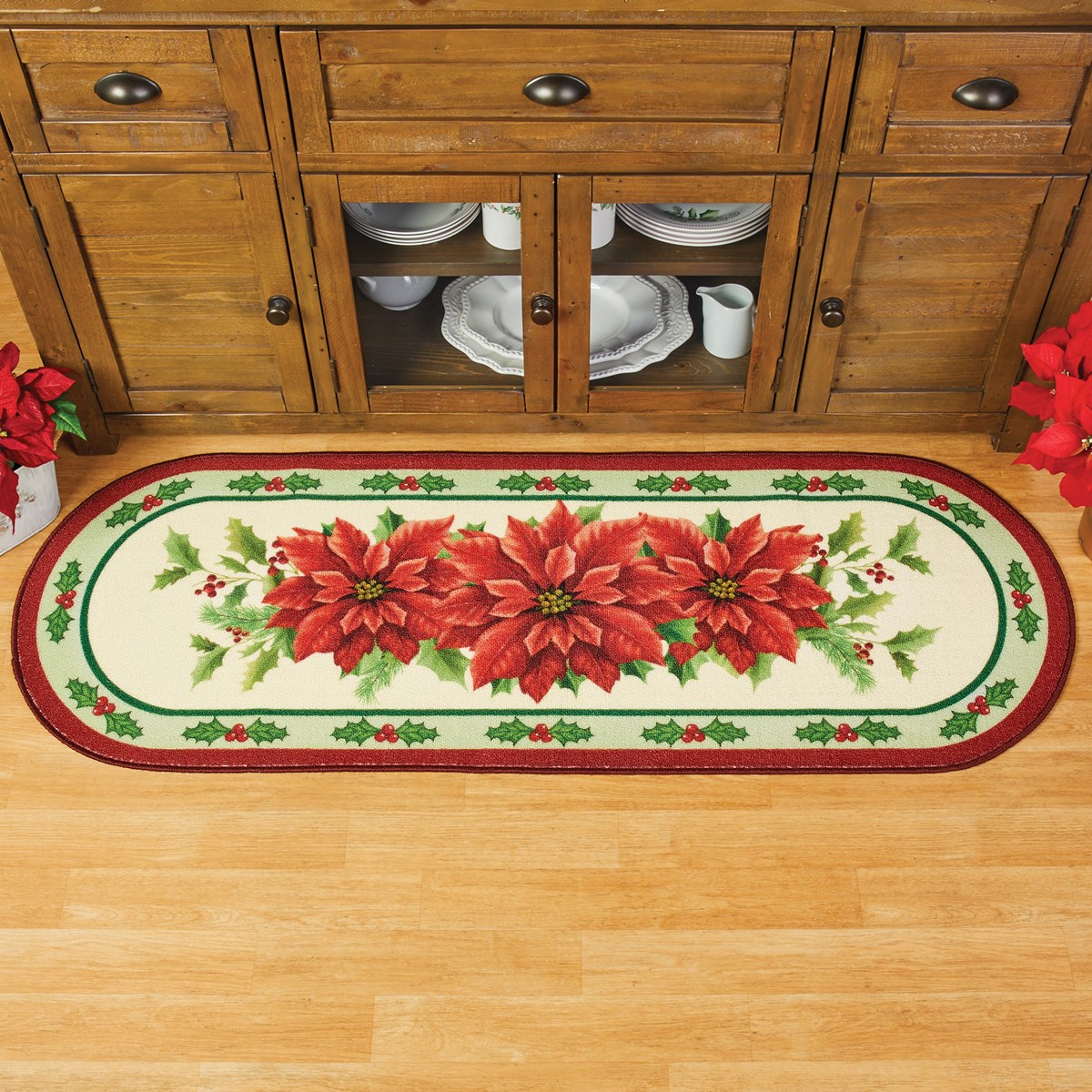 Red Poinsettia & Holly Printed Kitchen Runner Rug | Collections Etc.