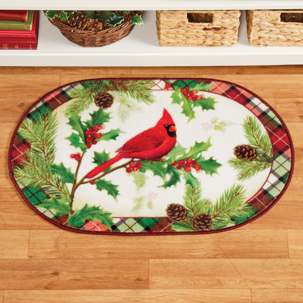 Skid-Resistant Holiday Cardinal & Holly Oval Rug | Collections Etc.