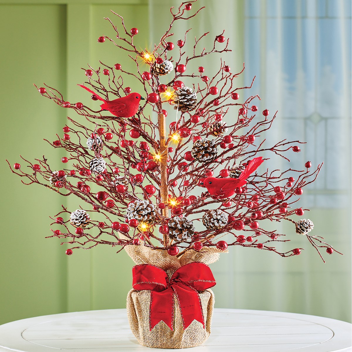 LED Lighted Artificial Berry Tree with Cardinals | Collections Etc.