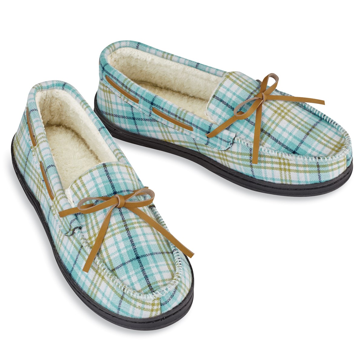 Ladies Skid-Resistant Pastel Plaid Moccasin Slippers | Collections Etc.