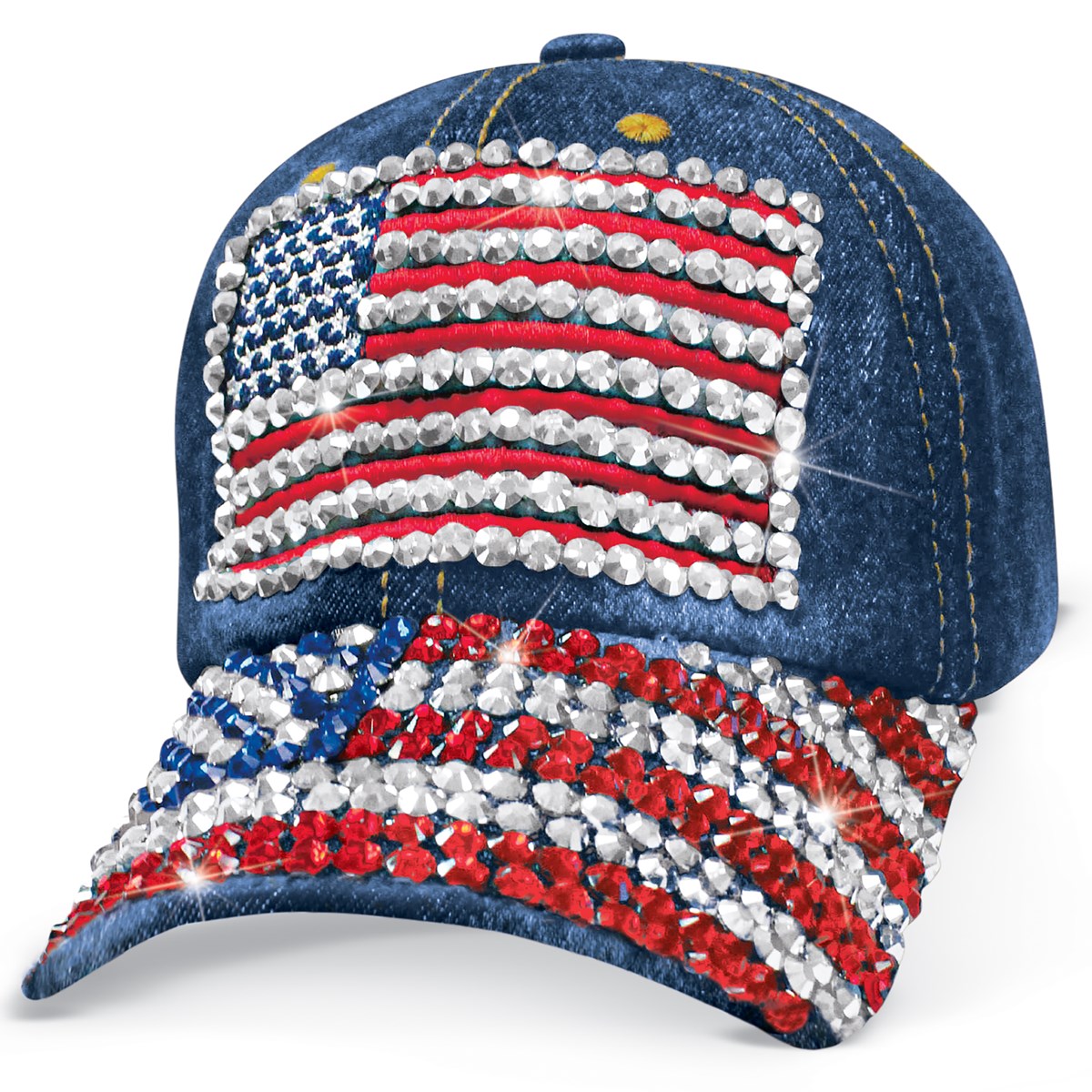 Sparkling Rhinestone Denim Bling American Flag Cap | Collections Etc.