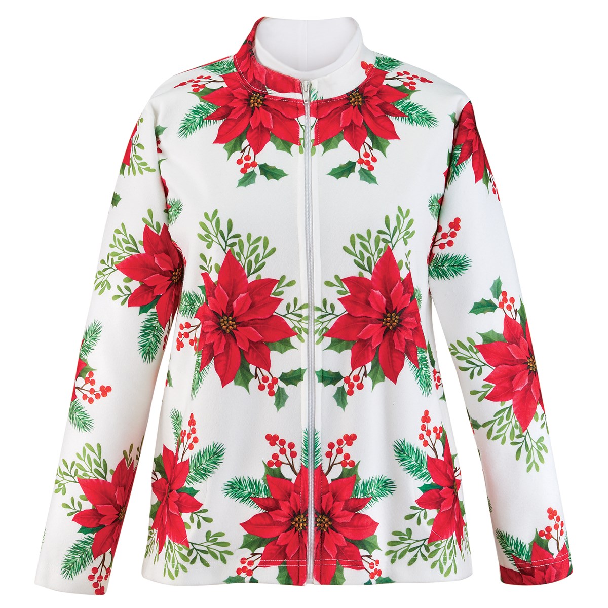 Poinsettia Zippered Fleece Holiday Jacket | Collections Etc.
