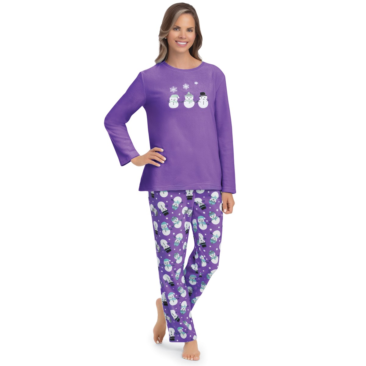 Embroidered Snowman Trio 2-Piece Soft Fleece Pajama Set | Collections Etc.