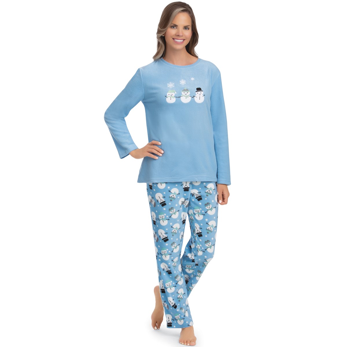 Embroidered Snowman Trio 2-Piece Soft Fleece Pajama Set | Collections Etc.