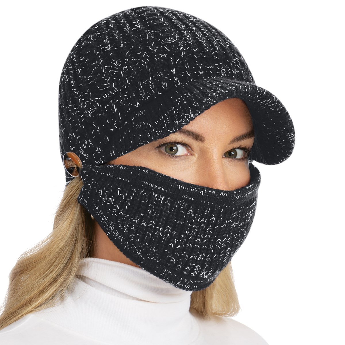 Stretchy Knit Brimmed Hat with Detachable Mask | Collections Etc.