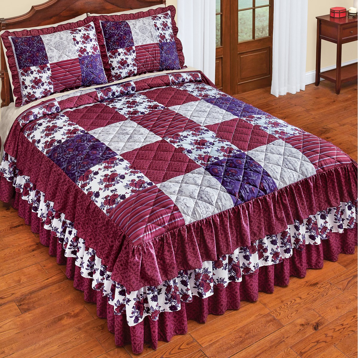 Patchwork Style Quilted and 3-Tier Ruffled Bedspread | Collections Etc.