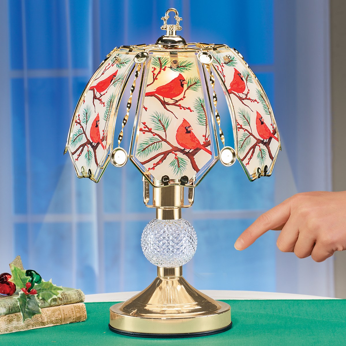 Gold-Toned Winter Pine Cardinal Panels Touch Base Table Lamp ...