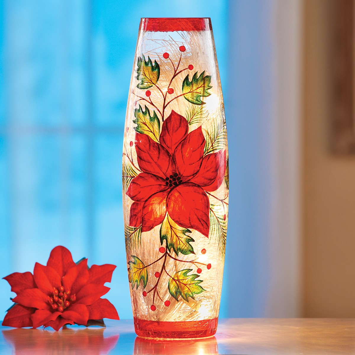 Hand-Painted LED Lights Poinsettia Crackled Glass Lamp | Collections Etc.