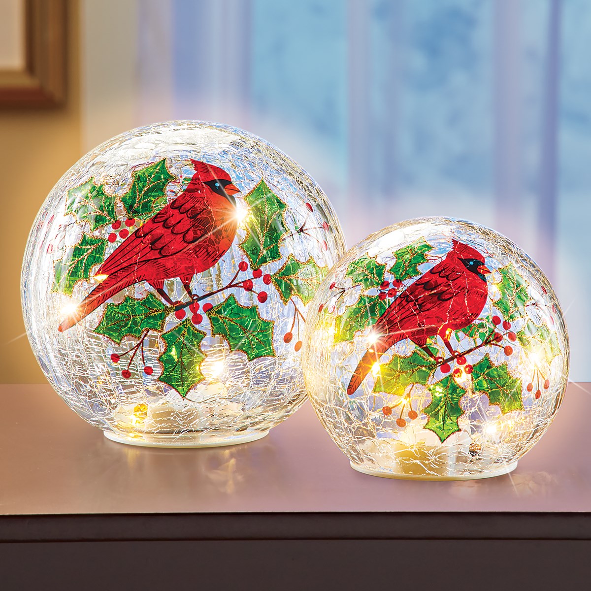 LED Lighted Holly and Cardinal Crackled Glass Ball | Collections Etc.