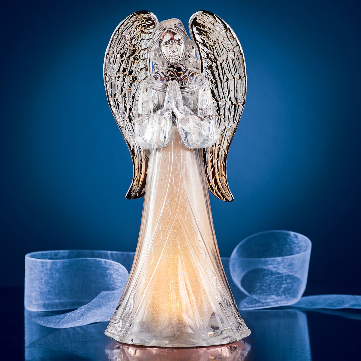 Lighted Praying Angel Figurine with Silver-Toned Wings | Collections Etc.