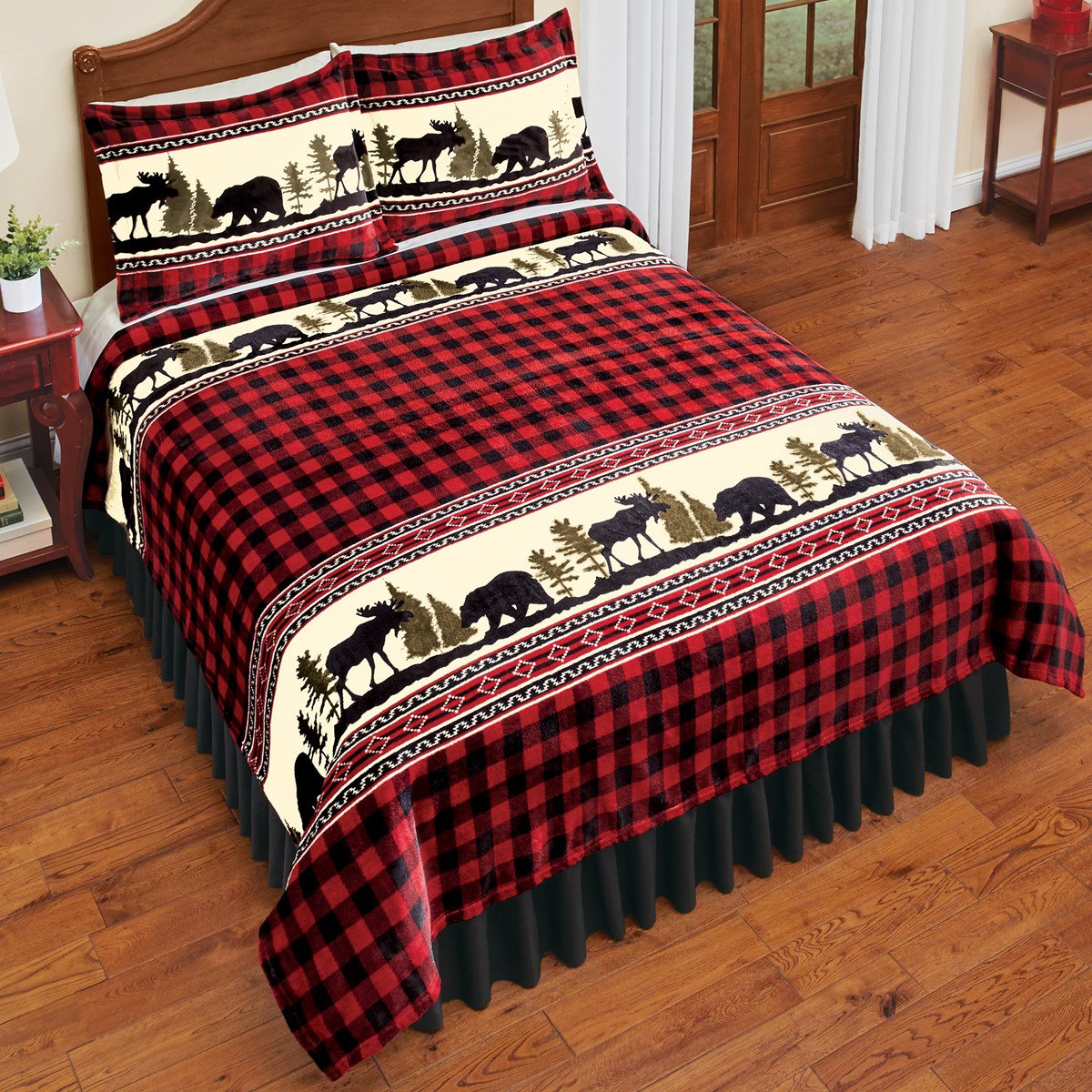 Northwoods Deer and Bear Buffalo Plaid Fleece Coverlet | Collections Etc.