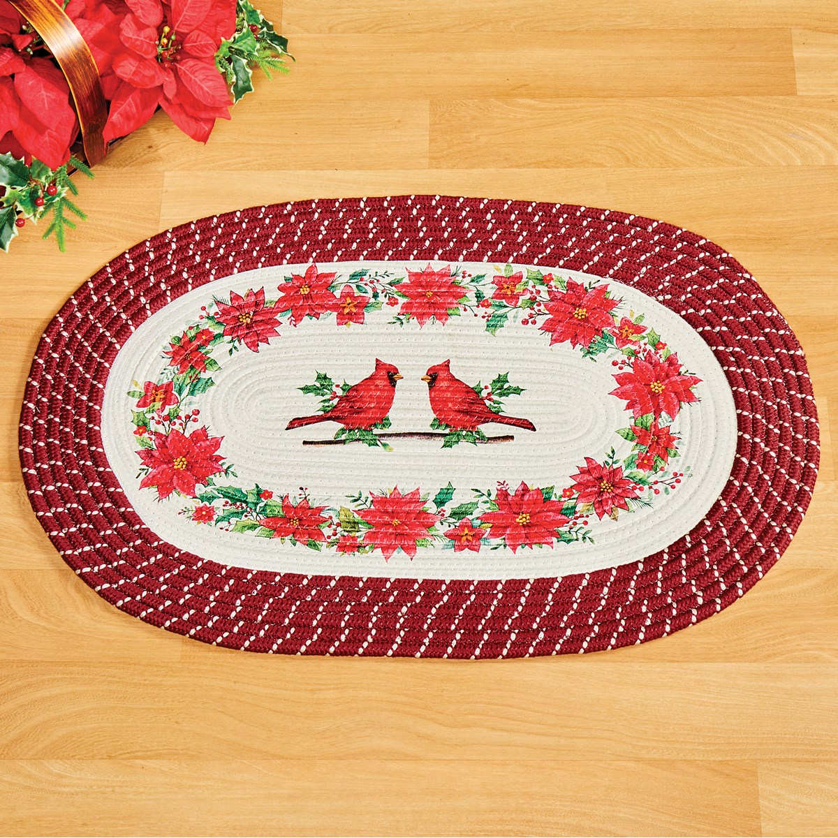 Festive Poinsettia Cardinal Burgundy Braided Accent Rug | Collections Etc.