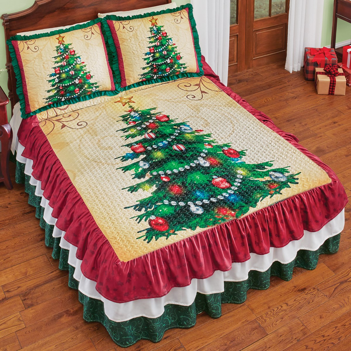 Decorated Holiday Christmas Tree Ruffled Bedspread | Collections Etc.
