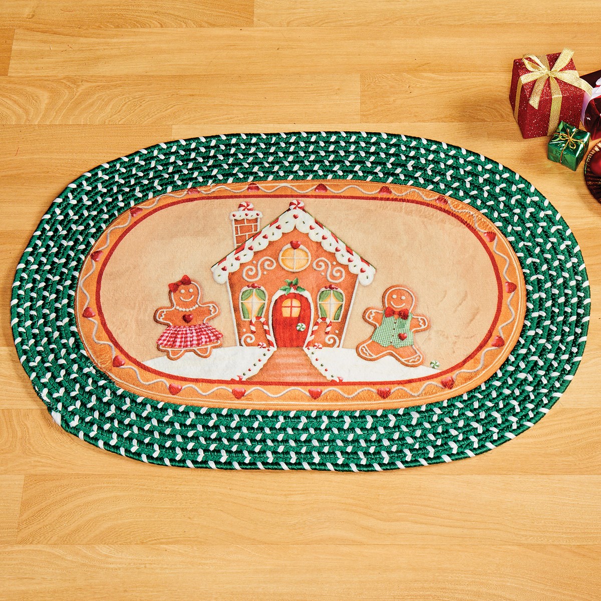 Gingerbread House and Couple Braided Green Border Accent Rug ...