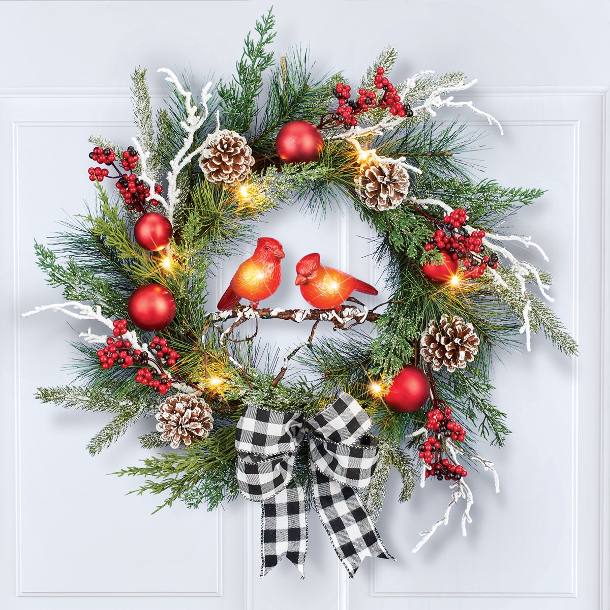 LED Lighted Sitting Cardinals Wreath with Checkered Bow | Collections Etc.