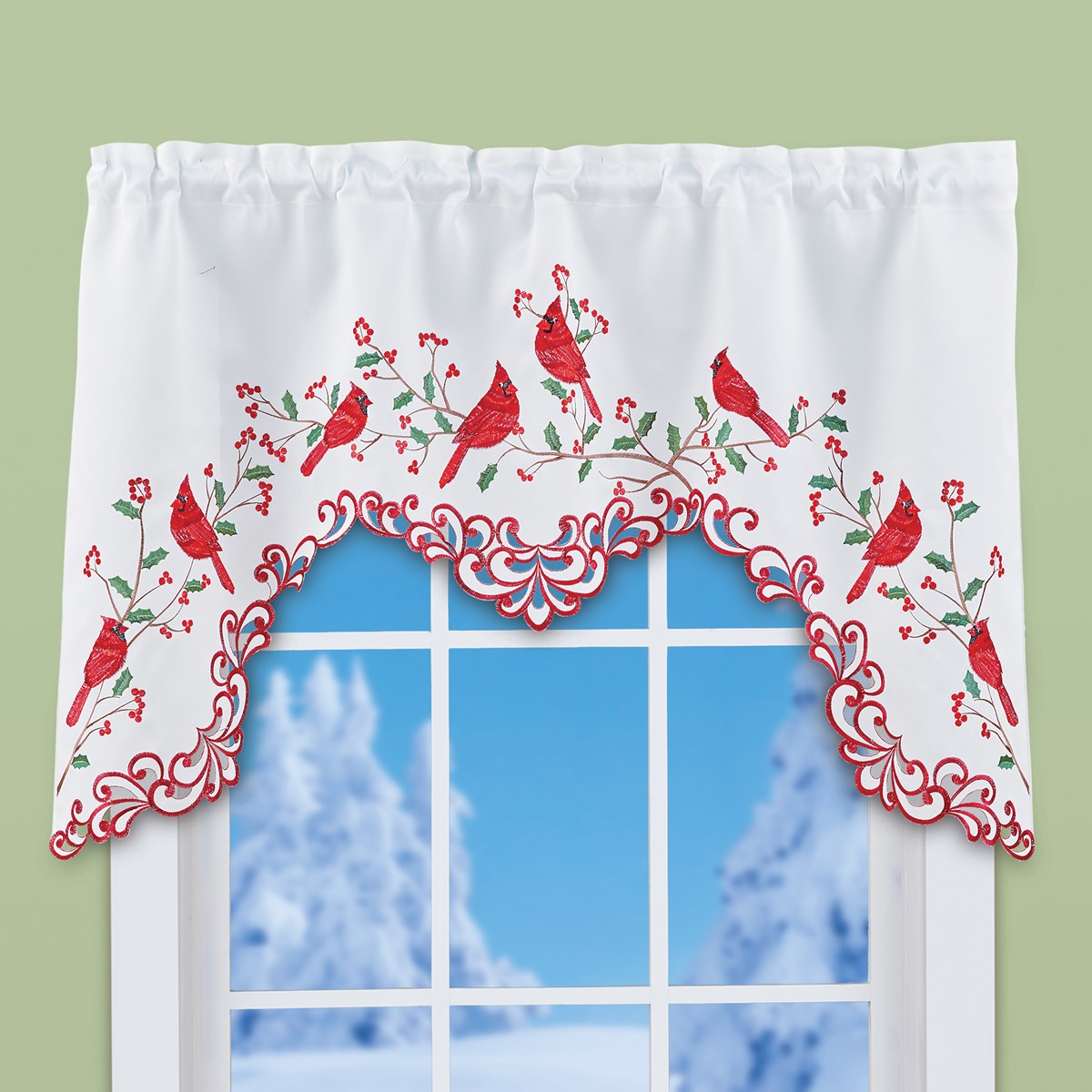 Embroidered Cardinal Holly Branch Swag Window Valance | Collections Etc.