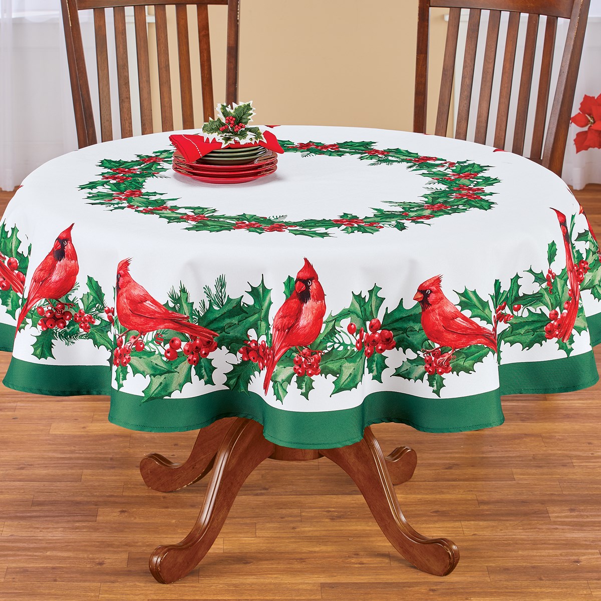 Bright Red Cardinals and Holly Garlands Tablecloth | Collections Etc.