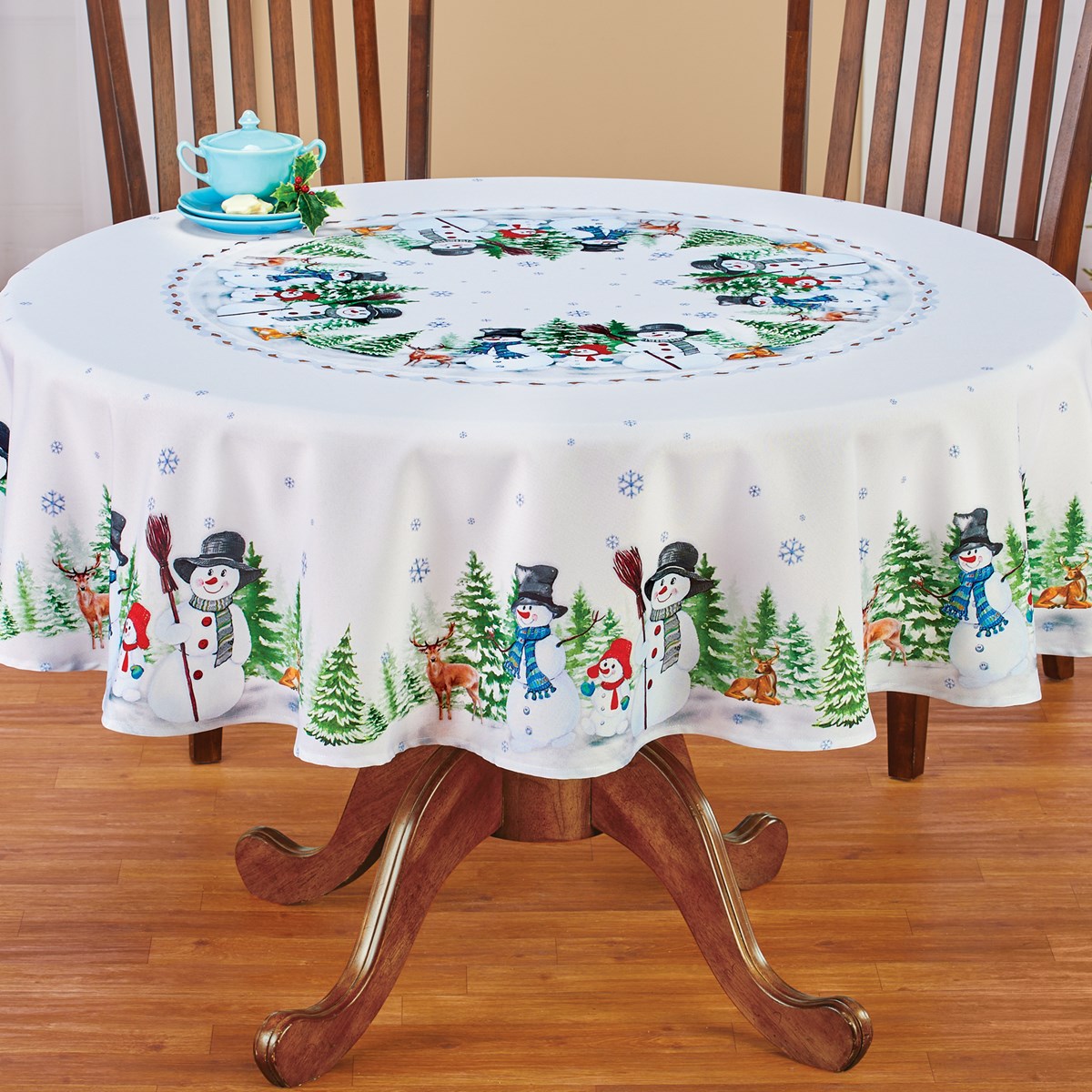 Snowman Family Polyester Snow White Tablecloth | Collections Etc.
