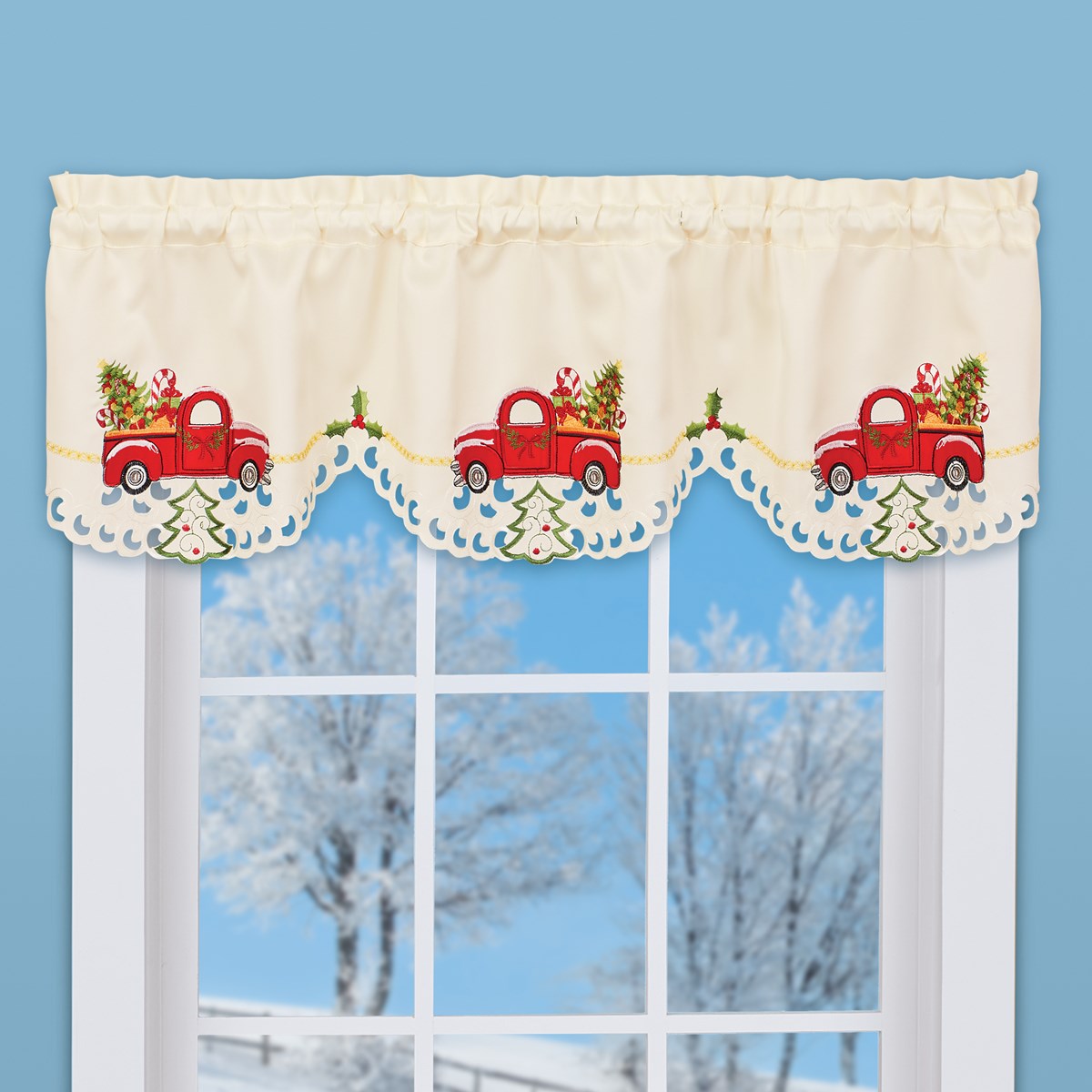 Vintage Holiday Red Truck Christmas Window Valance | Collections Etc.