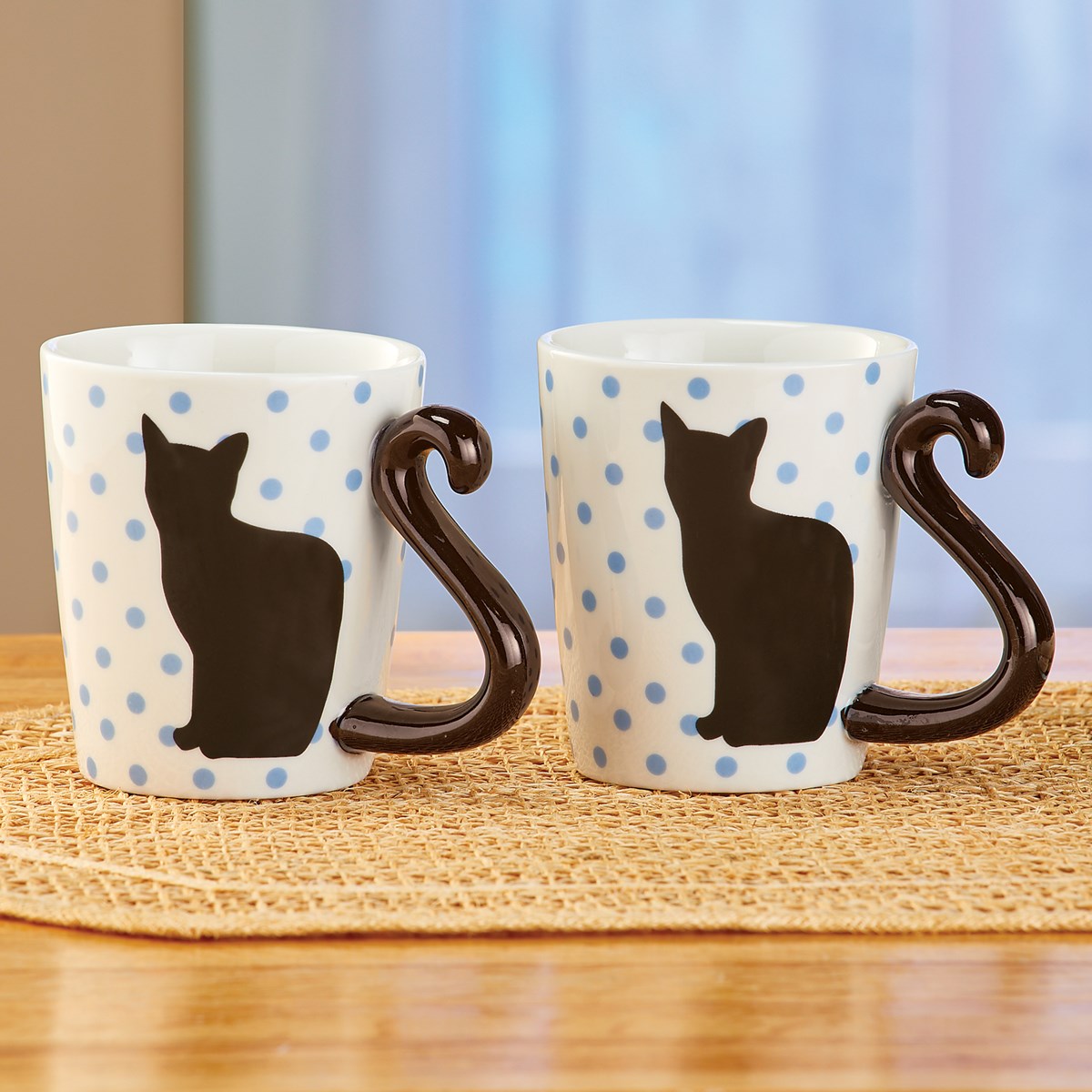 Cat Tail Polka Dot Ceramic Coffee Mugs - Set of 2 | Collections Etc.
