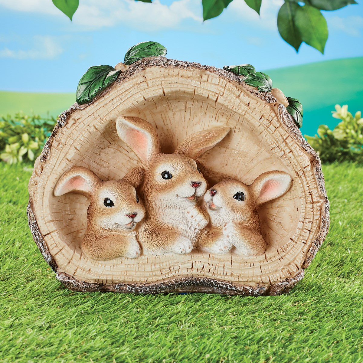 Hand-Painted Cute Bunny Family in a Log Outdoor Yard Decor ...