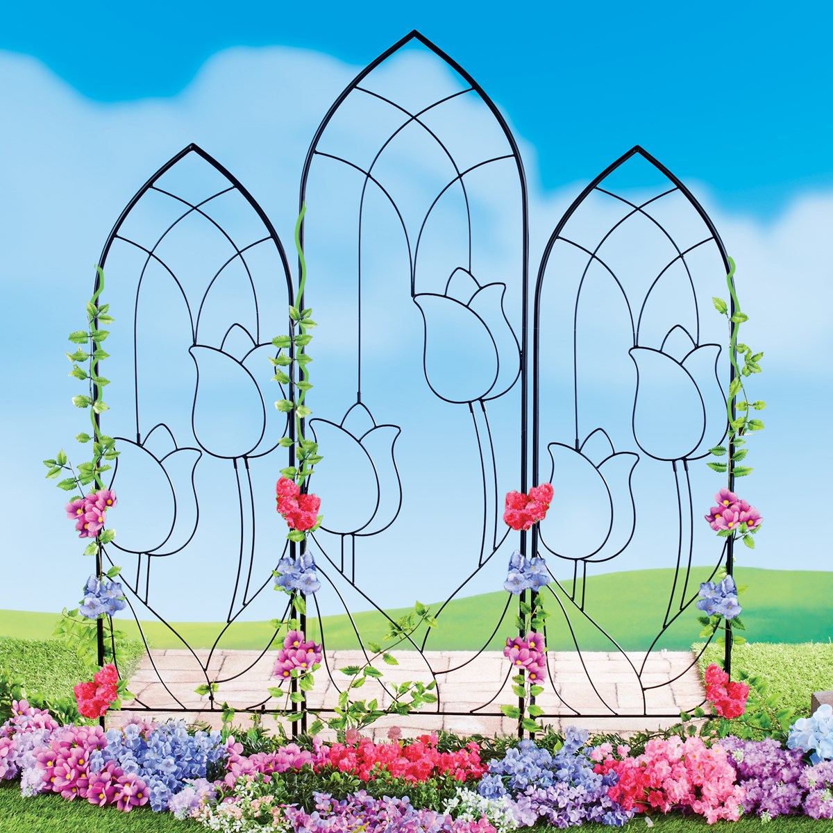 Decorative Triple Tulip Metal Garden Trellis | Collections Etc.