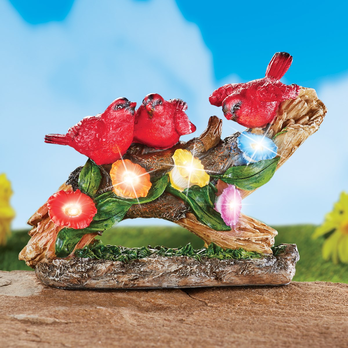 Cardinals on Solar Tree Trunk Outdoor Statue | Collections Etc.