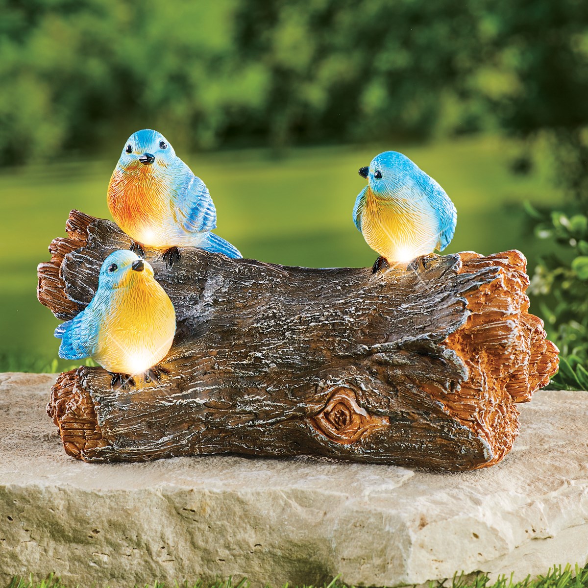 Hand-painted Solar Bluebirds On A Log Garden Statue | Collections Etc.