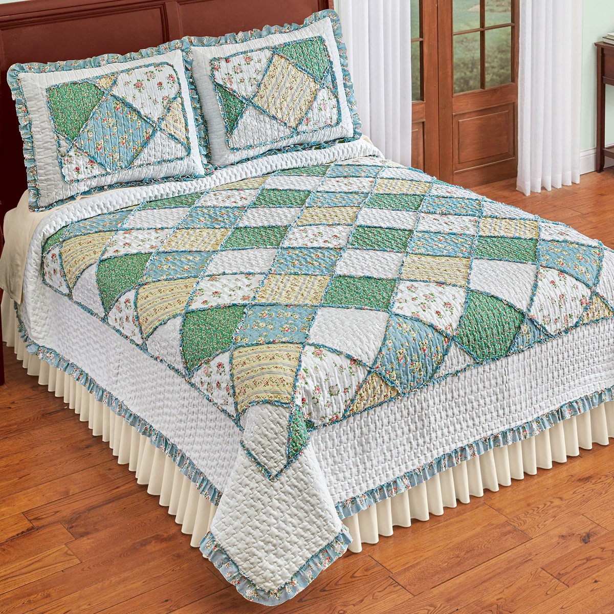 Springtime Floral Patchwork Ruffled Polyester Quilt | Collections Etc.