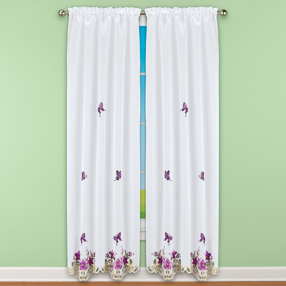 Butterfly Floral Embroidered Window Curtains | Collections Etc.