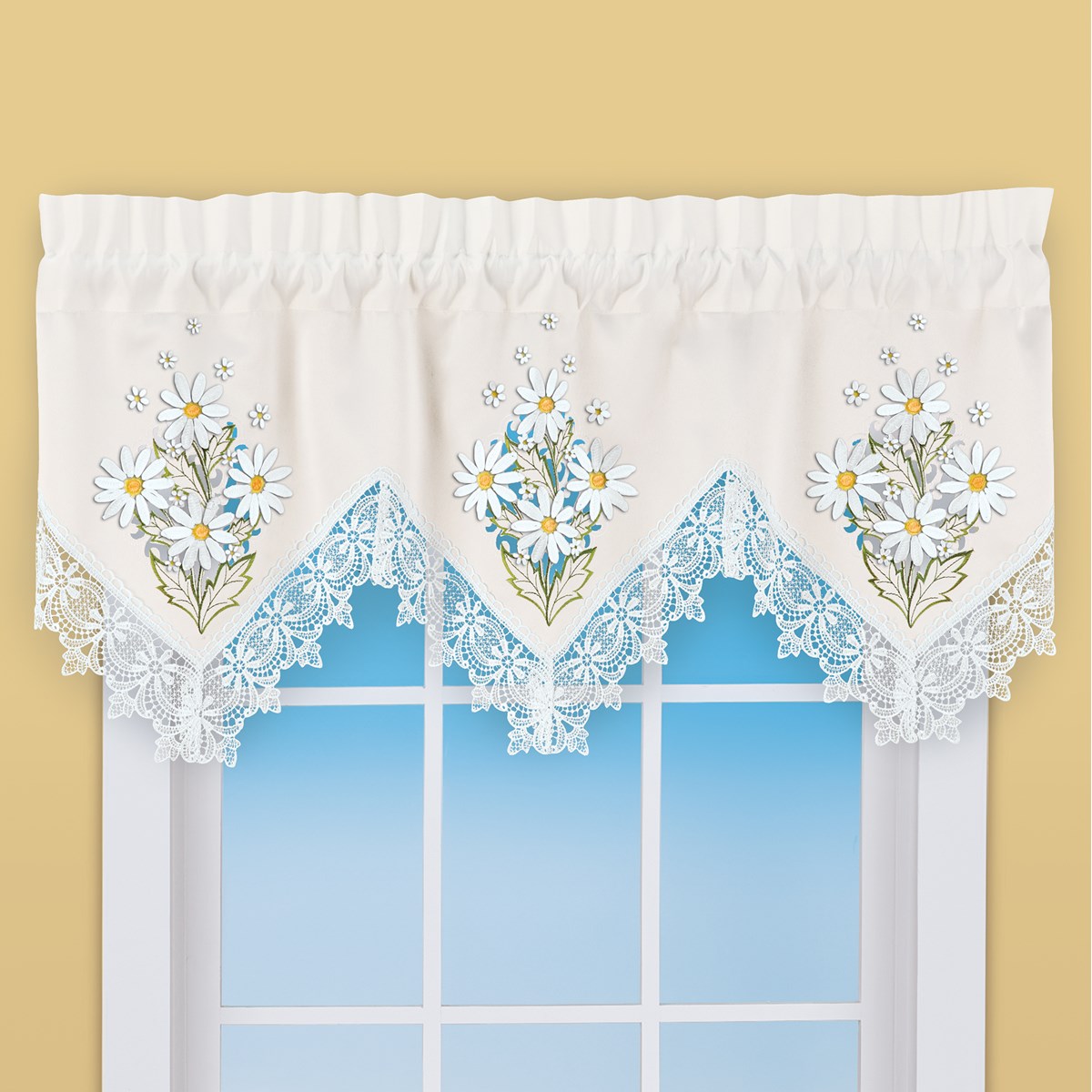 Embroidered Lace Daisies and Greenery Window Valance | Collections Etc.